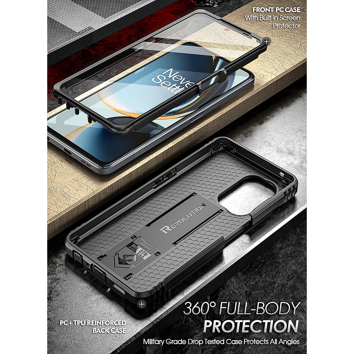 Poetic Revolution Case for OnePlus Nord N30 5G, [20FT Mil-Grade Drop Tested], Full-Body Rugged Dual-Layer Shockproof Protective Cover with Kickstand and Built-in-Screen Protector, Black
