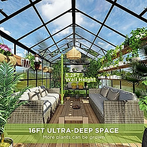 HOWE 8x16x7.5 FT Polycarbonate Greenhouse Double Swing Doors 4 Vents 5.2FT Added Wall Height, Walk-in Large Aluminum Greenhouse Sunroom Winter Greenhouse for Outdoors, Black