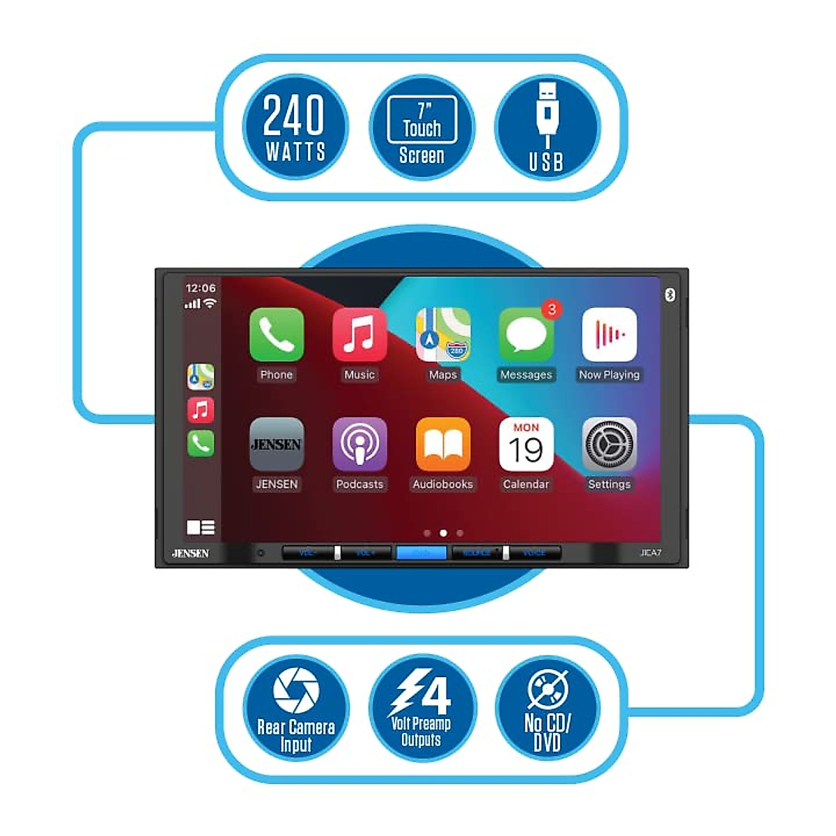 JENSEN J1CA7 7-inch Touch Screen Double DIN Car Stereo Media Receiver | Apple CarPlay Android Auto | Bluetooth Hands Free Calling & Music Streaming | Backup Camera Input | USB Playback & Charging