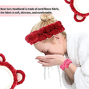 AMCAMI 6 Pcs Spa Headband Face Wash Headband and Wristband Set, Girls' Cute Bear Ears Headband Plush Animal Makeup Skincare Headbands with Face Washing Wristband for Women
