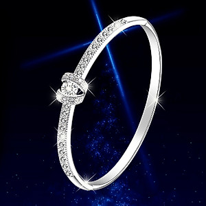 Menton Ezil Fasion Jewelry Princess Bangle Bracelets For Women 18K Gold Plating Adjustable Bracelets With Crystal For Wife Girlfriend Or Mothers Idea Gift For Mother's day(Silver)