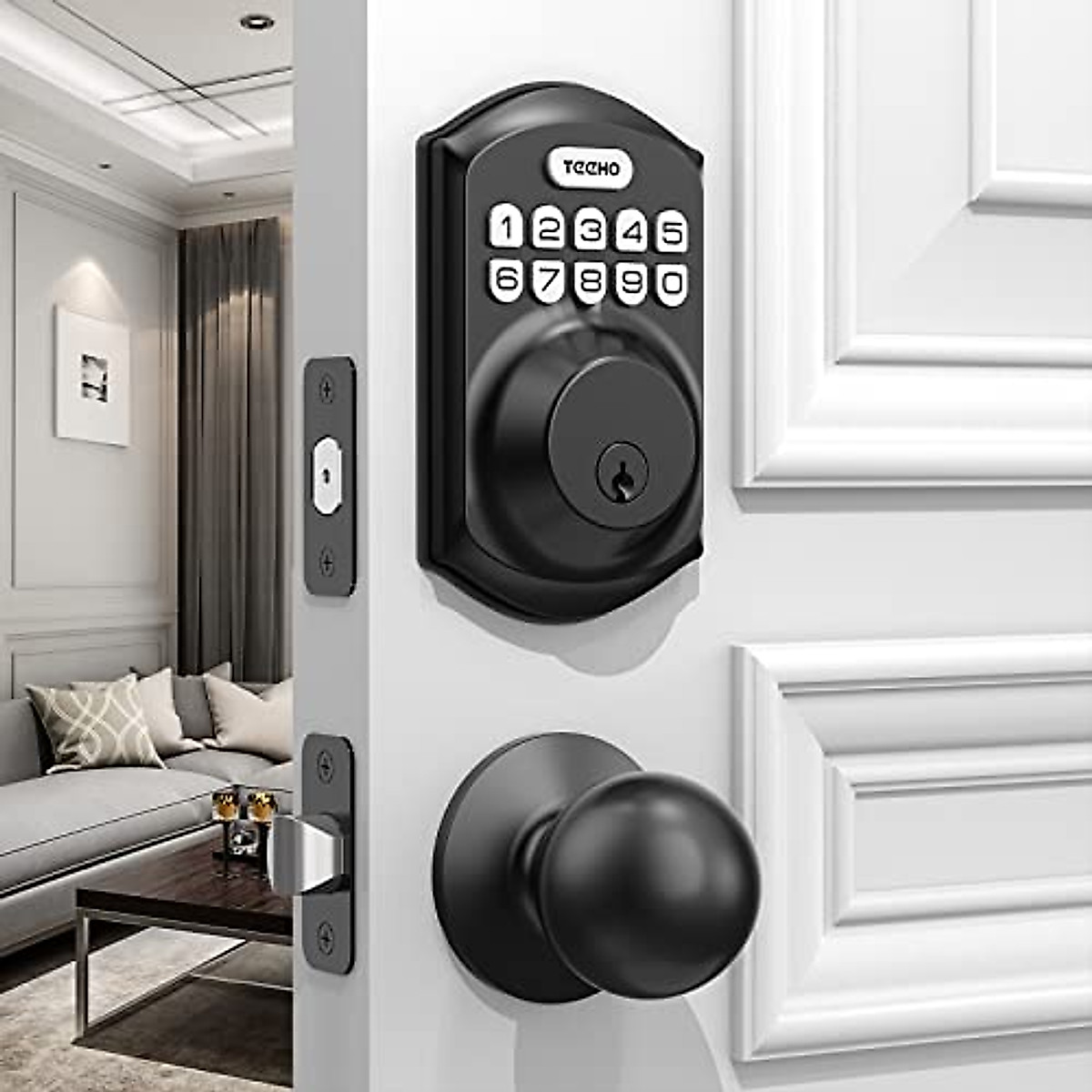 TEEHO TE001K Keyless Entry Door Lock with Handle - Electronic Keypad Deadbolt with Door Knob - Deadbolt Smart Lock for Front Door - Auto Lock - Easy Installation - Matte Black