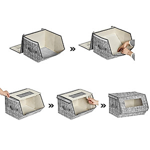 SONGMICS Stackable Storage Bins Set of 2, Fabric Storage Boxes with Lids, Storage Cubes with Magnetic Closures, Front Windows, Lids Can Stay Open after Stacking, Light Gray URLB002G02