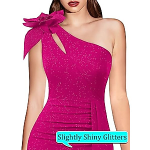 VFSHOW Womens 3D Flower One Shoulder Formal Wedding Guest Prom Maxi Dress 2023 Sexy Cocktail Evening High Slit Cutout Ruched Sparkly Glitter Gown (Hot Pink, Medium) 10513V HPIK M