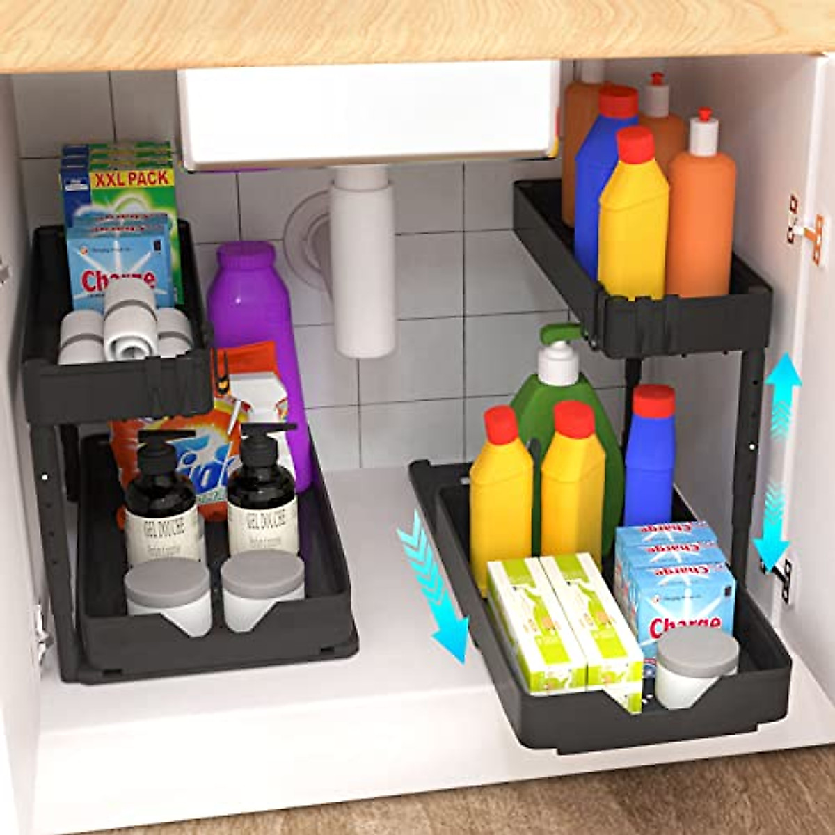 Adjustable Height Under Sink Organizers and Storage, 2 Tier Slide Out Shelf Under Cabinet Kitchen Storage with 4 Hooks, Pull Out Under Sink Organizer for Kitchen Bathroom Counter Office Pantry
