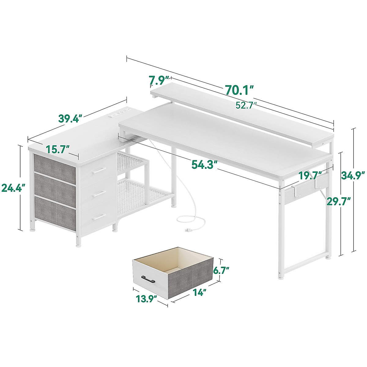 AODK 70 Inch L Shaped Computer Desk with Power Outlets & USB Charging Ports, Reversible L-Shaped Corner Desk with Drawers & Monitor Stand, Home Office Workstation with Storage Cabinet, White