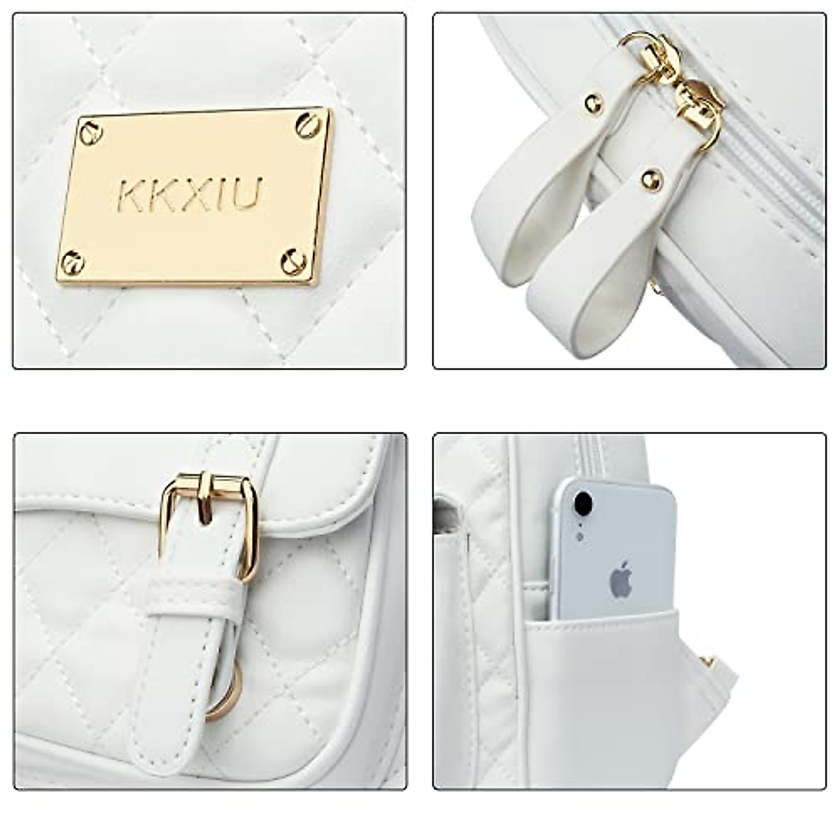 KKXIU Quilted Women Small Backpack Purse Synthetic Leather Cute Mini Daypack Fashion Bookbag for Teen Girls (White)
