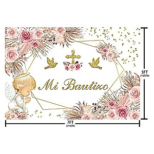 SENDY 7x5ft Mi Bautizo Backdrop Boho Baptism God Bless First Holy Communion Party Decorations for Girl Angel Pink Floral Gold Cross Glitter Background Christening Newborn Baby Shower Photo Booth Props