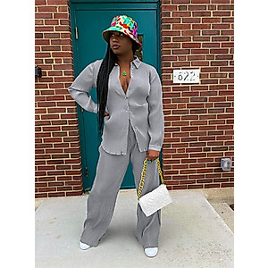 kaimimei Casual 2 Piece Outfit for Women - Linen Long Sleeve Button Down Shirt + Flare Pleated Wide Leg Pants Sets Streetwear