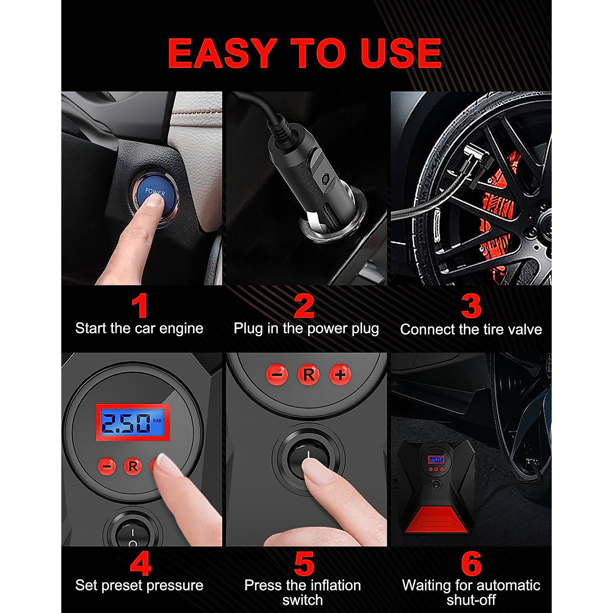 Atsanc Tire Inflator, 12V DC Portable Air Compressor with Auto-Shutoff Design, 150PSI Max Fast-Inflating Electric Air Pump for Car Tires, Auto Digital Car Tire Pump with LED Light for Various Purposes