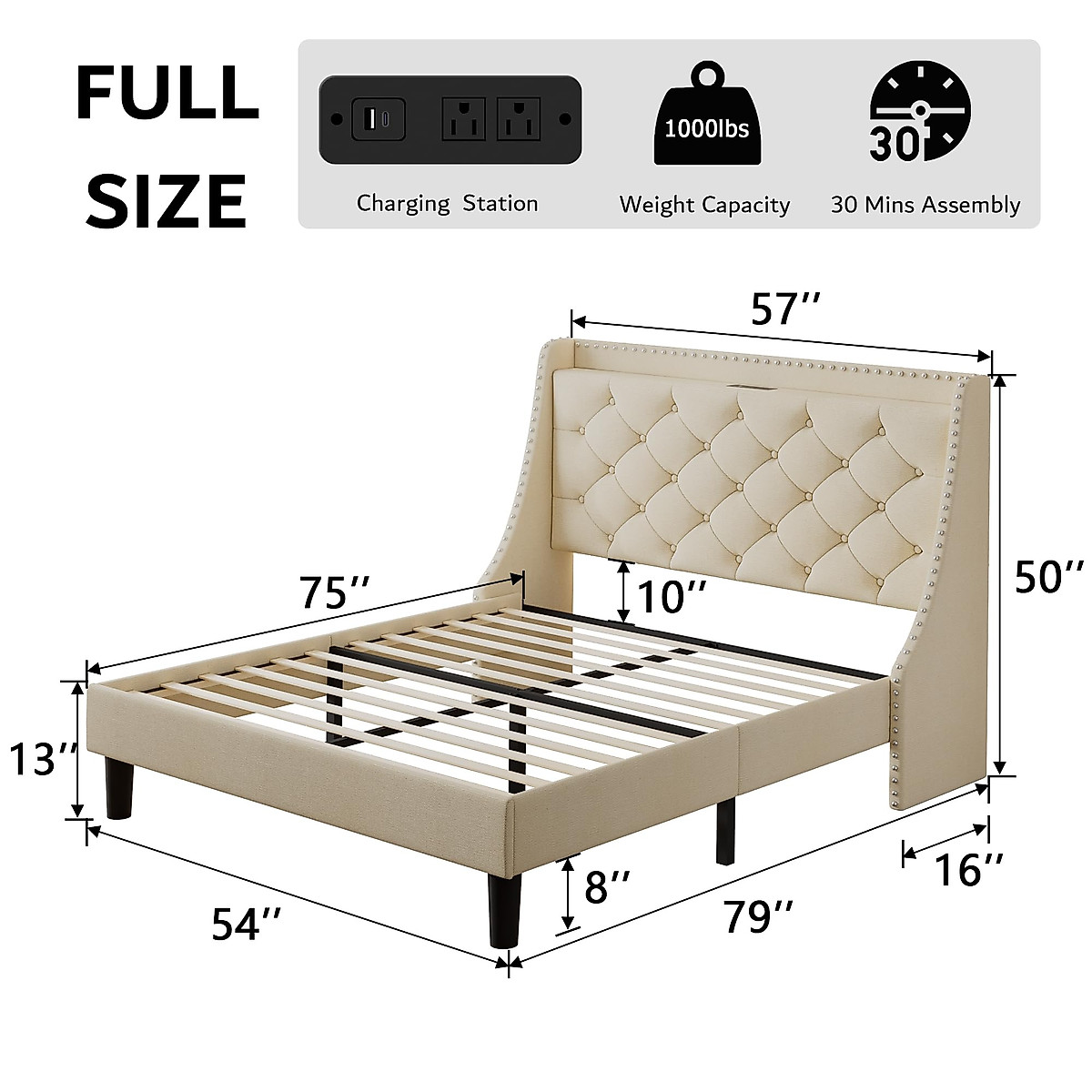 iPormis Full Bed Frame with 16" Comfort Wingback & Charging Station, Upholstered Platform Bed with Button Tufted Storage Headboard, Solid Wood Slats Support, No Box Spring Needed, Beige