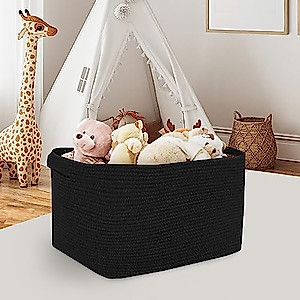 MEGASKET Extra Large Rectangle Storage Basket, 23.6" x 15.7" x 14.1" Black Blanket Basket Storage for Living Room, Large Soft Woven Cotton Rope Basket, Kids Toy Baskets Organizer Bins, Wicker Basket