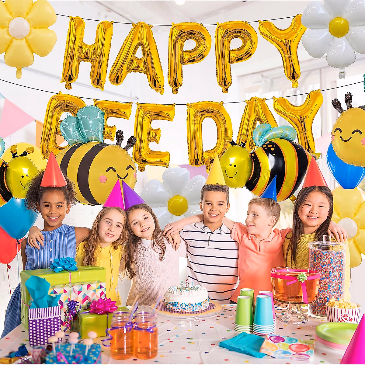 Bee Themed Birthday Party Decorations, Happy Bee Day Balloons Banner, Yellow Bee Foil Balloons Daisy Mylar Foil Balloons for Boys Girls Baby Shower Bee Theme Birthday Supplies