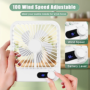 Travel Fan for Sleeping, Portable Fan for Travel Rechargeable with Digital Display, 100 Speed Wind Personal USB Fan with Variable Speed Knob, Small Desk Fan for Bedroom Travel Essentials, White