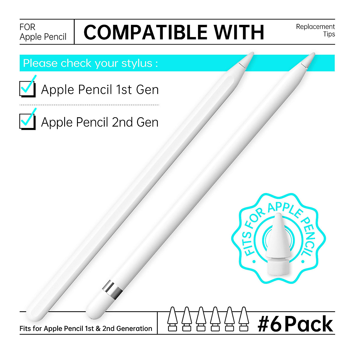 Pencil Tips Replacement for Apple Pencil 1st Gen 2nd Generation (6 Pack), Pen Nibs Compatible with iPad Pencil.