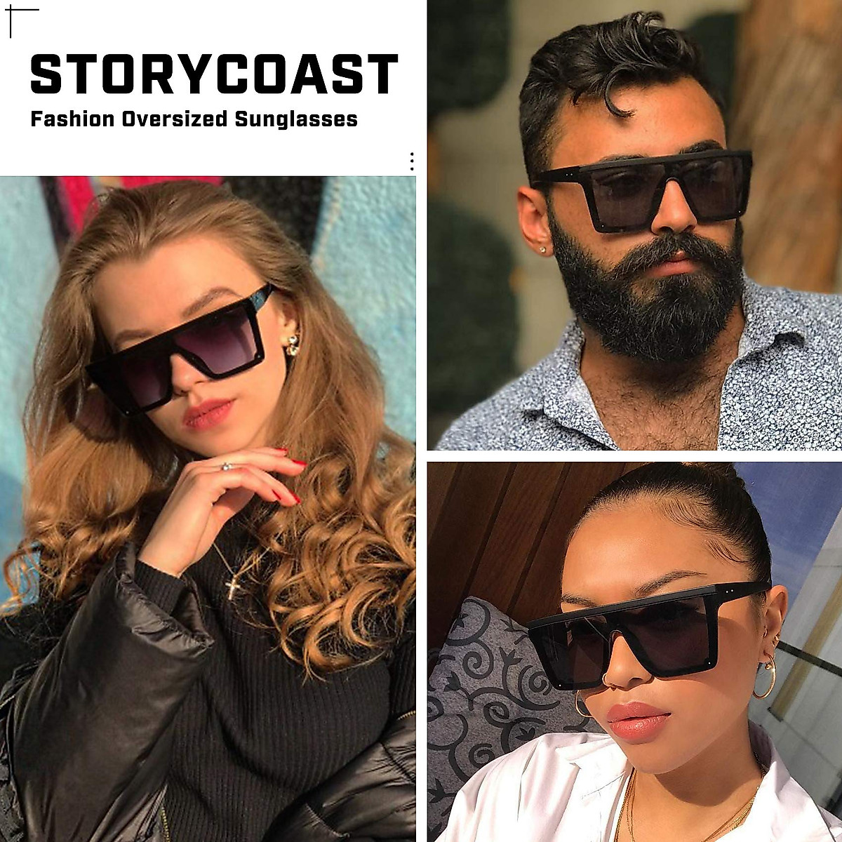 STORYCOAST Square Sunglasses for Women Men Fashion Big Frame Flat Top Sun Glasses Mirror Lens (Bright Black-Gradient Gray)