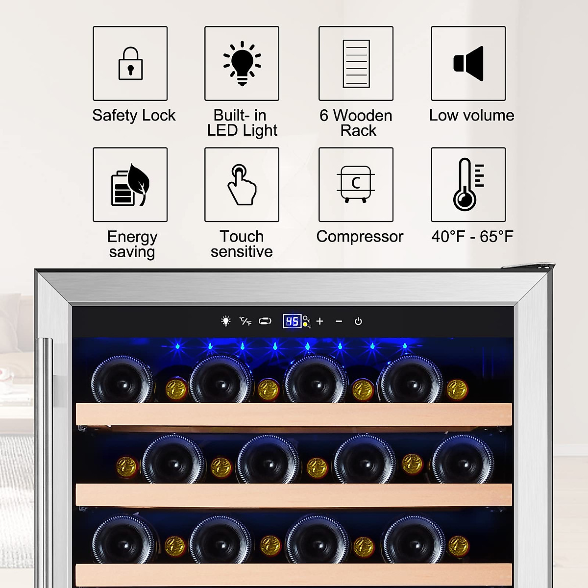 Tylza 24 Inch Wine Cooler Refrigerator 51 Bottle Built-in or Freestanding 24'' Fridge with Stainless Steel & Double Layer Tempered Glass Door and Temperature Memory Function