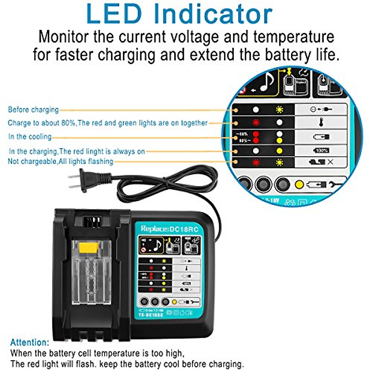 Powilling DC18RC Lithium-Ion Battery Charger with LED Screen for Makita 14.4V-18V Lithium-ion Battery BL1830 BL1840 BL1850 BL1815