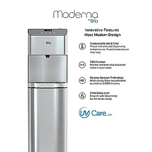 Brio Moderna Self Cleaning Bottleless Water Cooler Dispenser with Filtration – Adjustable Temperature – Digital Clock – LED Nightlight – Tri Temp Hot, Cold, and Room