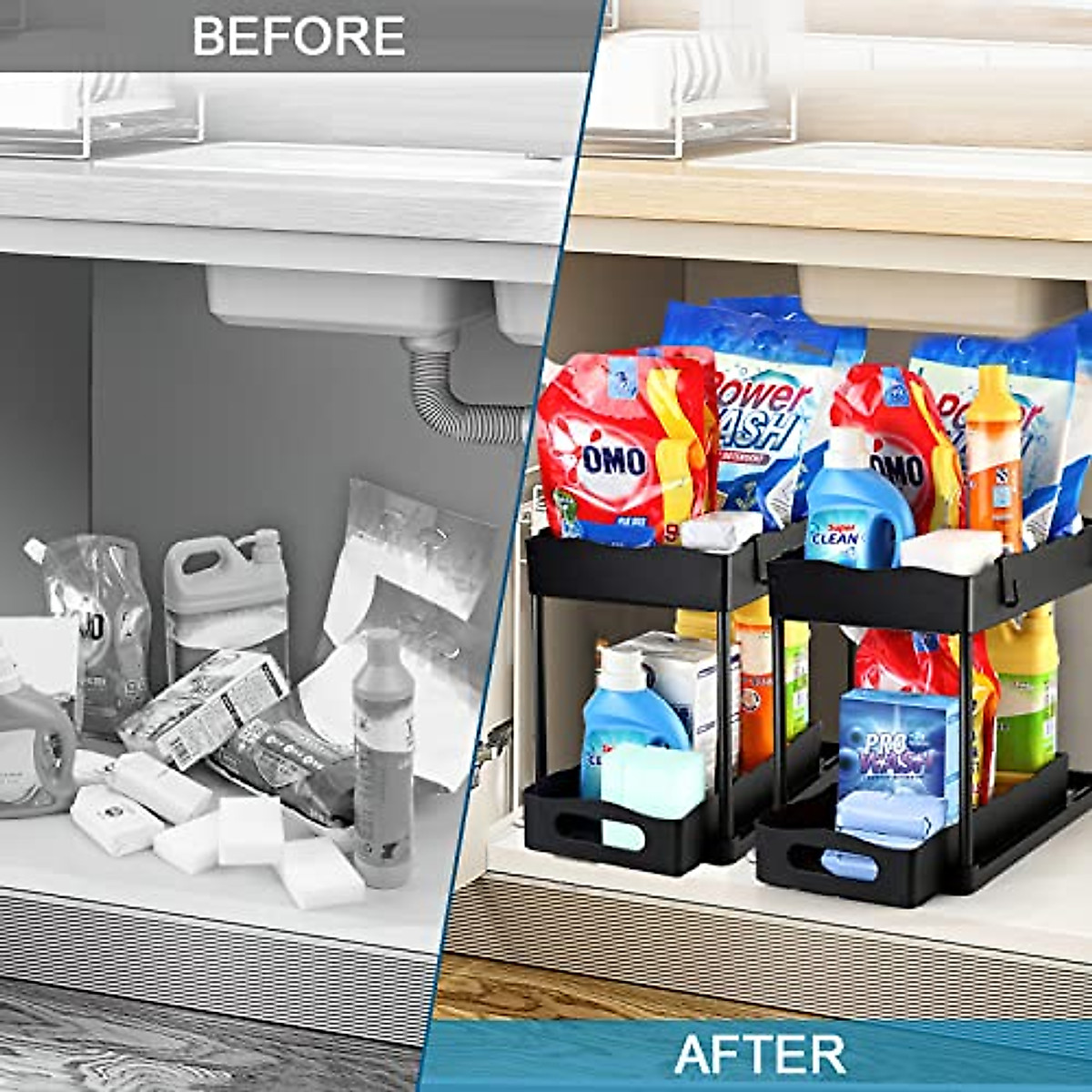 Under Sink Organizer, 2-Tier Sliding Under Sink Organizers and Storage Black, Multi-purpose Under Cabinet Storage for Kitchen Bathroom with Hooks, Hanging Cup, 2 pack