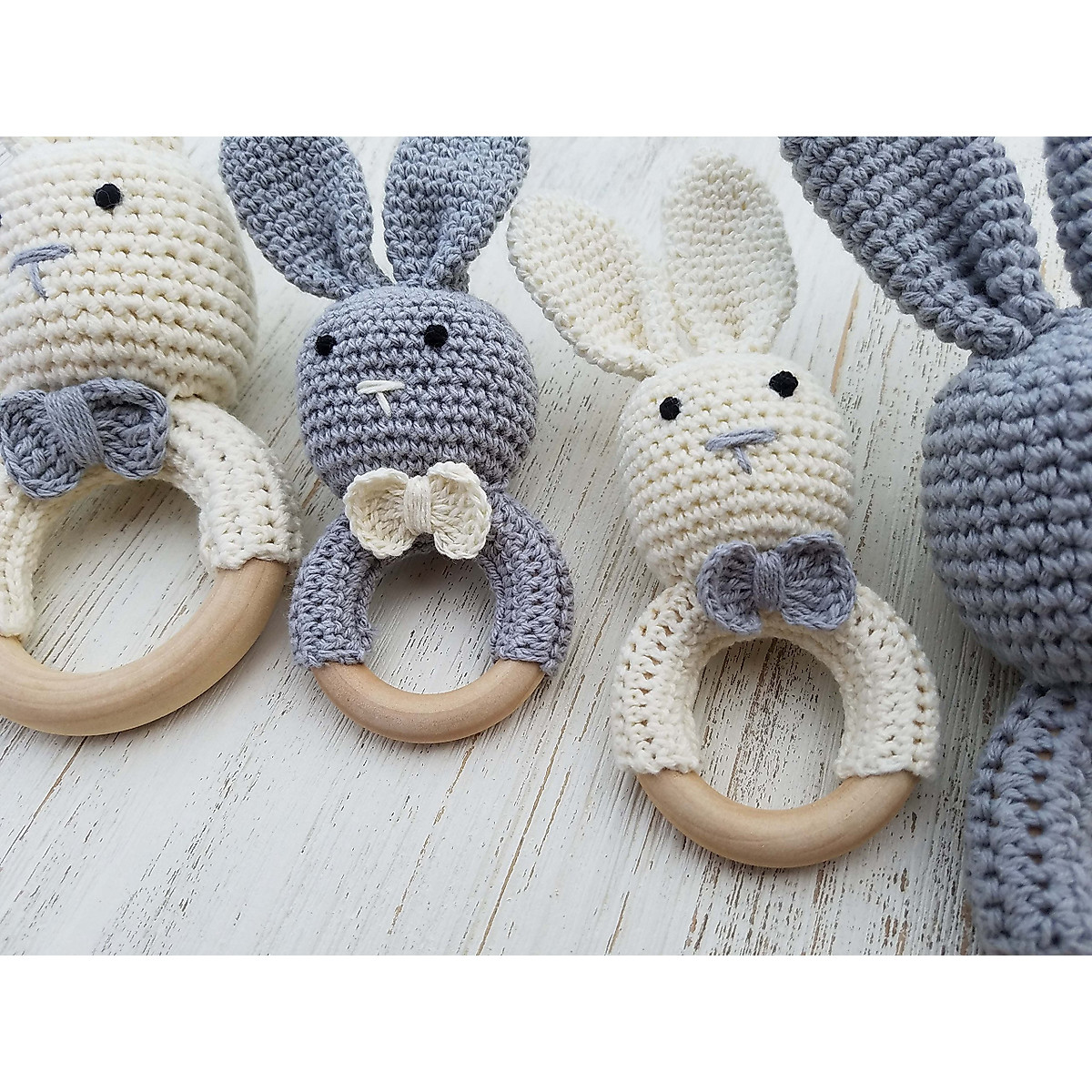 Natural Wooden Baby Toys Cotton Crochet Bunny Teething Ring Teether Rattle Set of 2 Newborn Unisex Baby (Grey Mama White Baby)