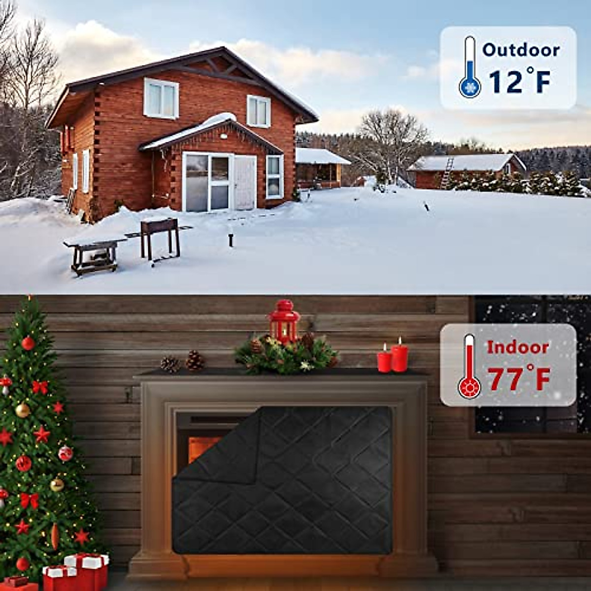 Magnetic Fireplace Blanket, Fireplace Blocker Blanket Stops Overnight Heat Loss Indoor Fireplace Covers Fireplace Draft Stopper Chimney Insulation Draft Stopper with Magnet and Hook-And-Loop Fasteners