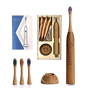 Circle Elephant Biodegradable Electric Natural Bamboo Sonic Toothbrushes Have Rechargeable&Replaceable Bamboo Toothbrush Heads, Threaded BPA-Free Soft Bristles in Color. Perfect Trendy Giftset.