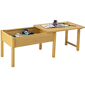 BIRASIL Wooden Kids Sensory Tables with Folding Lid, Activity Table for Children, Elevated Play Tables with Storage for Indoor Outdoor, Yellow