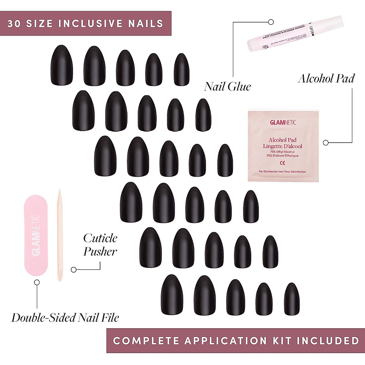 Glamnetic Press On Nails - Boba | Opaque Black Short Almond Nails, Reusable | 12 Sizes - 24 Nail Kit