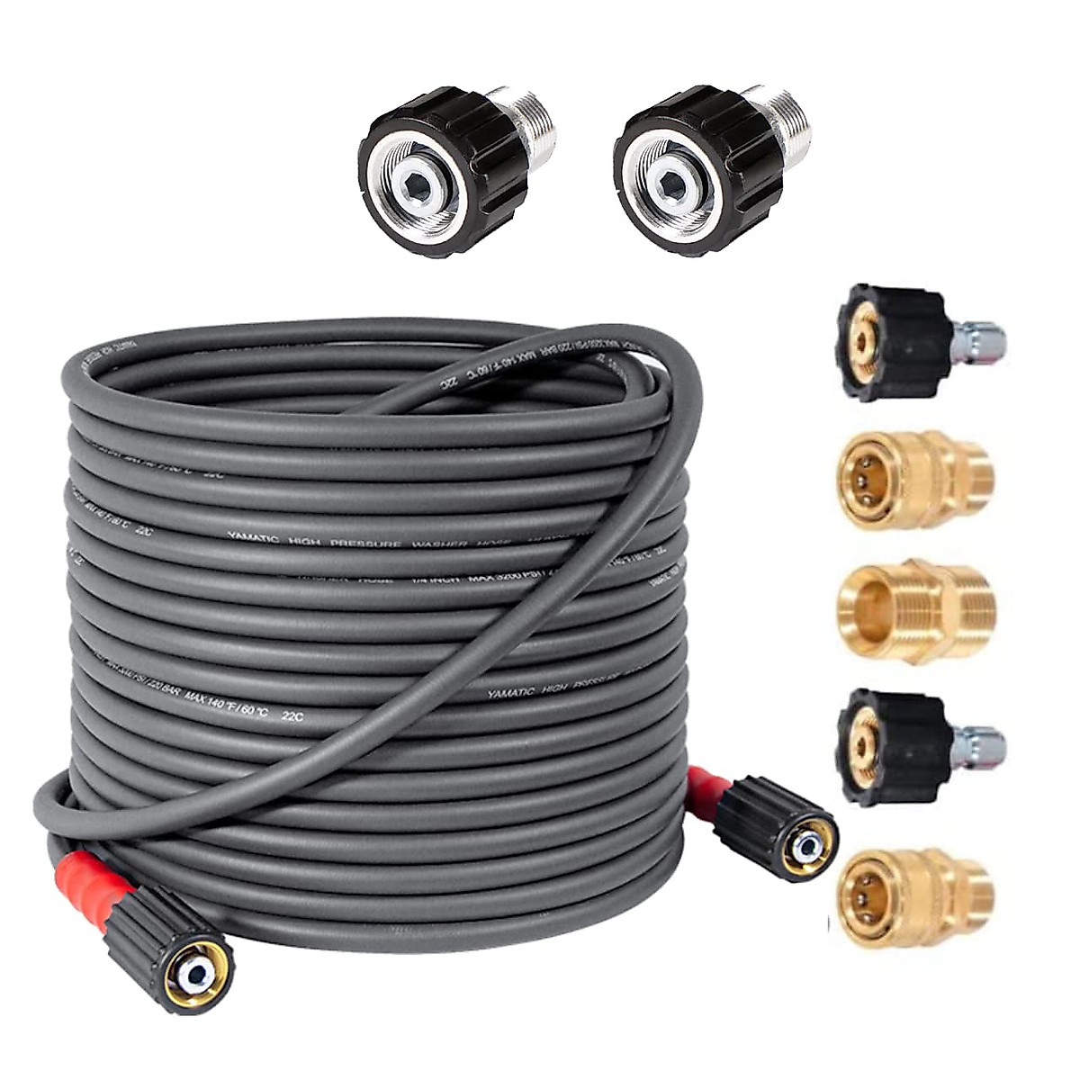 Hose&Adapter Kit Replacement for Sun Joe M22 Electric Power Washer and Wands, 2 M22-15mm Adapters, M22-14mm Thread & 3/8" Qucik Connectors, 50FT 1/4" X 3200 PSI Pressure Hose, Super Flexible