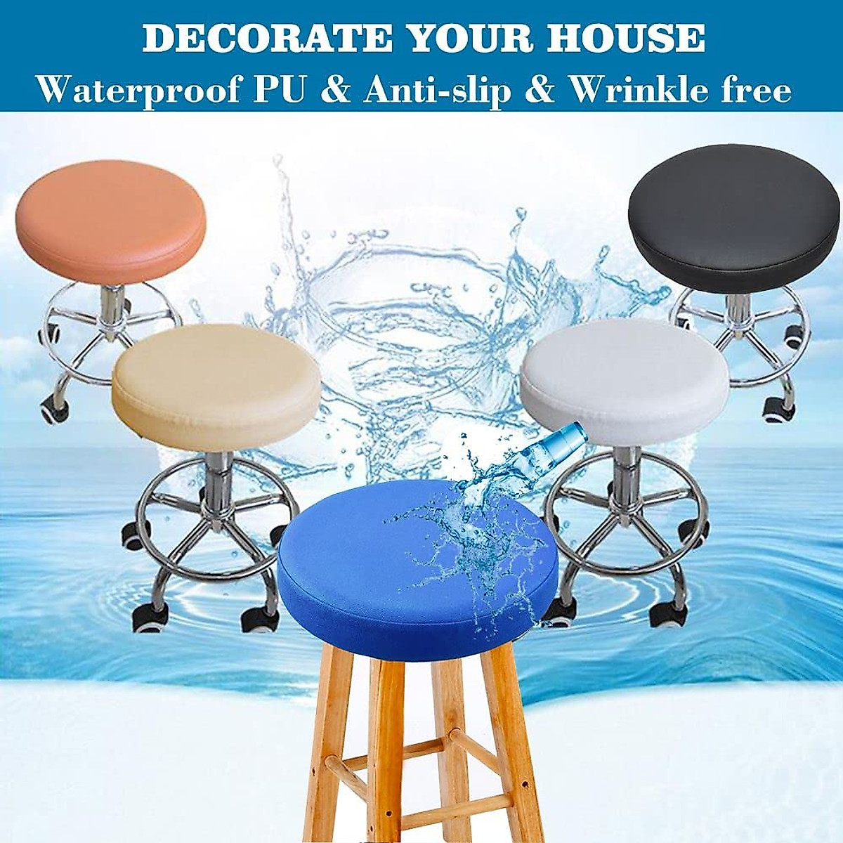 ANWUCHEN Stool Covers Round, 2 Pack Waterproof PU Leather Round Bar Stool Covers Anti-Slip Round Bar Stool Seat Cover with Elastic Bands Durable Round Chair Cover for 14-15 Inch Round Chair (Black)