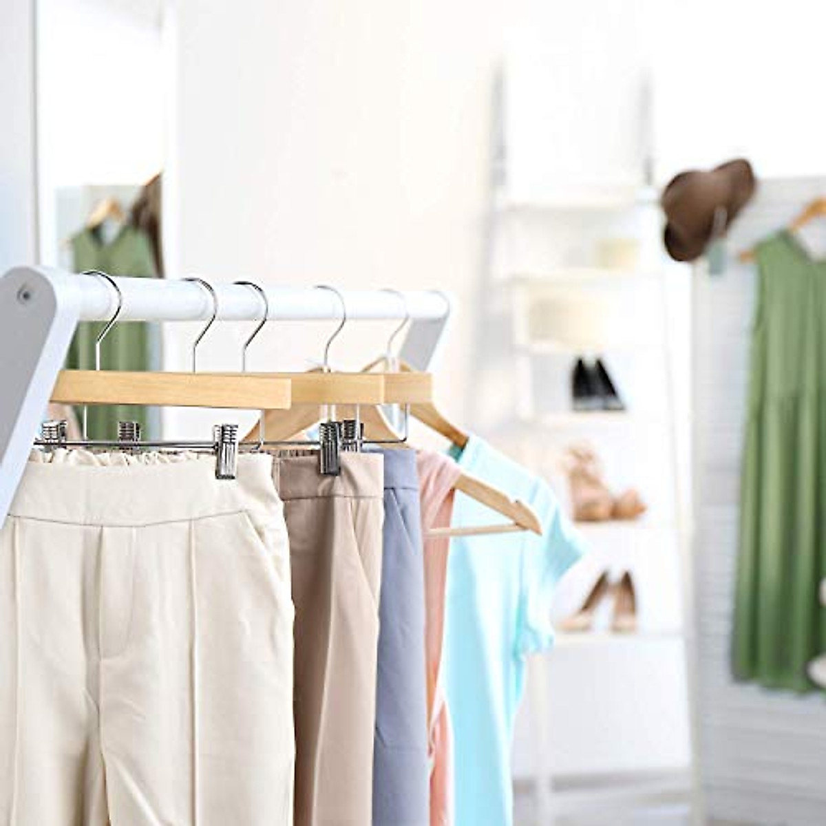 HOUSE DAY Wooden Pants Hangers with Clips 25 Pack, Wood Skirt Hangers for Women, 14 Inch Hangers for Pants with Clips, Solid Wood Pants Hangers for Men.360 Swivel Hook Bottom Hangers- Natural