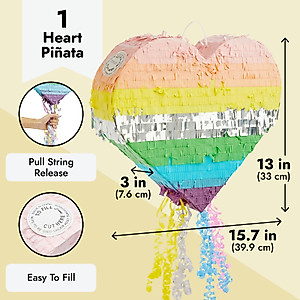 Sparkle and Bash Pull String Rainbow Heart Pinata for Pastel Birthday Party Decorations (Small, 15.7 x 13 x 3 In)