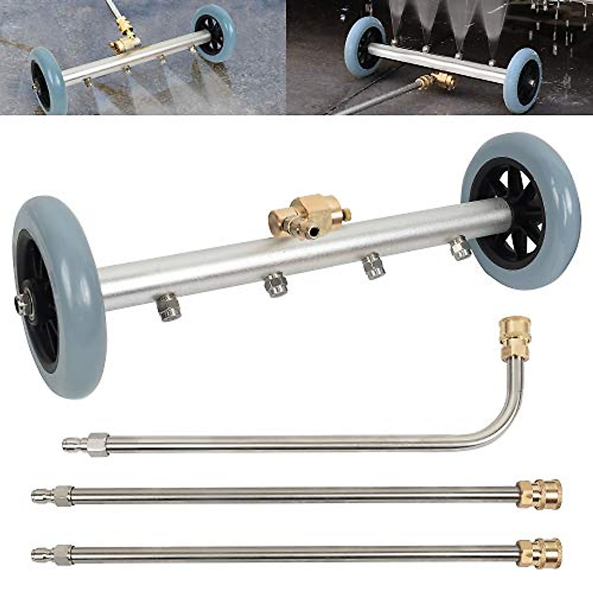 Hourleey 2-in-1 Undercarriage Pressure Washer Cleaner, Power Washer Surface Cleaner, 4000 PSI Dual-Function Undercarriage Water Car Broom Attachment with 16 Inch 2 Pack Extension Wand (Silver)