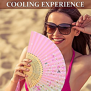 Zonon 4 Pieces Silk Handheld Floral Folding Fans Hand Held Fans Floral Folded Fan with Tassel Women's Hollowed Bamboo Hand Holding Fans for Wedding Gift, Party Favors, Daily Use