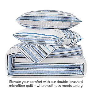 Southshore Fine Living, Inc. Oversized King Quilt Set, All Season Striped Blue Bedspread Set, 3-Piece Coastal Bedding, California/King Coverlet Sets with Shams, Soft Microfiber Quilt, Blue Stripes