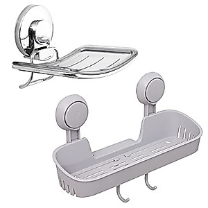 LEVERLOC Chrome Suction Cup Soap Dish Shower Caddy with 4 Hooks Suction Cup Shower Shelf One Second Installation Hanging Shower Rack Removable & Reusable for Shower Bathtub Kitchen