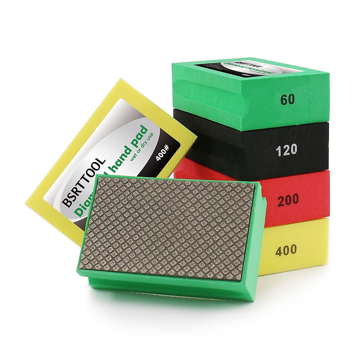 BSRTTOOL 4PCS Diamond Hand Polishing Pads Sanding Blocks Foam Backing for Tile Stone Marble Concrete Ceramics Granite Glass Wet Dry (4PCS)