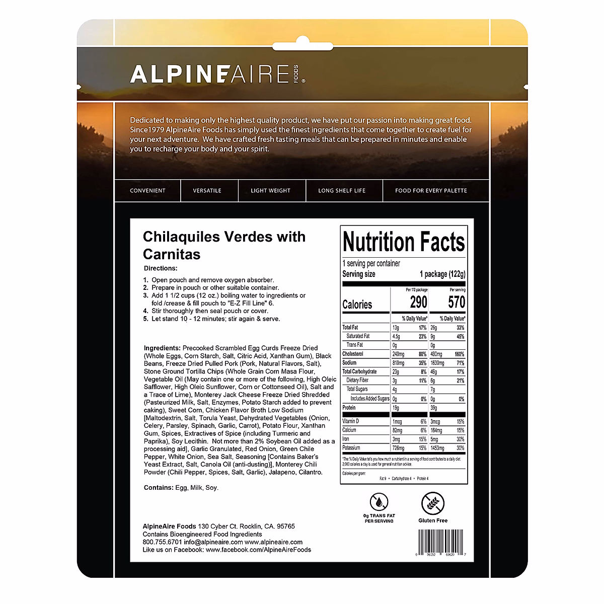AlpineAire Foods Chilaquilas Verdes with Carnitas, Freeze-Dried/Dehydrated, Entrée Meal Pouch, Just add Water, Black