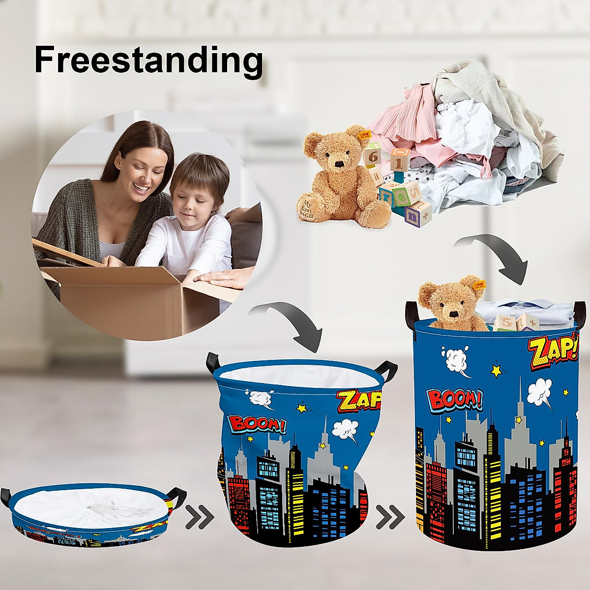 Clastyle 45L Large Blue City Hero Skyline Kid Laundry Hamper with Handle Comic Hero Building Silhouettes Clothes Toy Boys Basket with Lid for Nursery