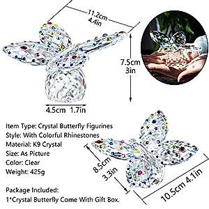 QFkris Large Crystal Butterfly 4'' Width Glass Figurines Collectibles with Crystal Ball Base Cut Glass Ornament Statue Animal Collectible