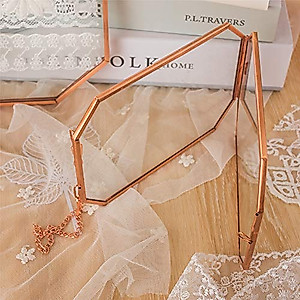 NCYP Wall Hanging 4X6 Inches Octagon Rose Gold Glass Frame for Pressed Dried Flowers, Handmade Double Glass Pure Copper Herbarium Frame, Floating Frame Style, Glass Frame Only