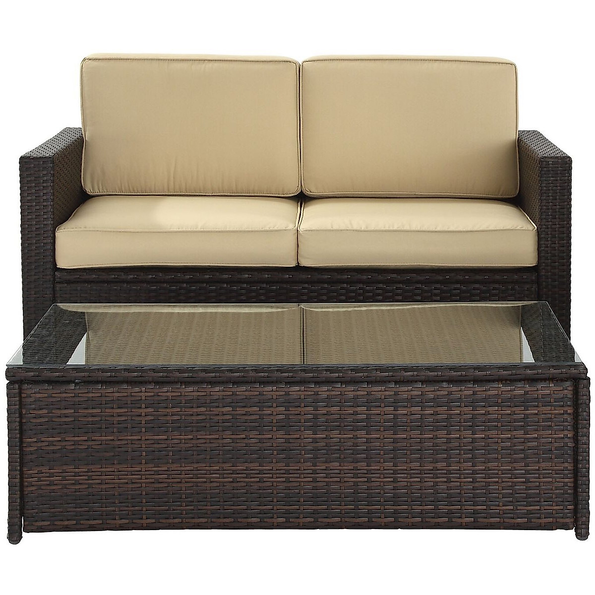 Crosley Furniture Palm Harbor 2-Piece Wicker Outdoor Coffee Table and Loveseat Patio Furniture Set for Porch, Brown with Sand Cushions