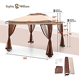 Sophia & William 11' x 11' Pop Up Gazebo Foldable Canopy with Netting and Curtain Portable Wheeled Bag, Brown Double-roof Gazebo for Patio Lawn Garden Backyard