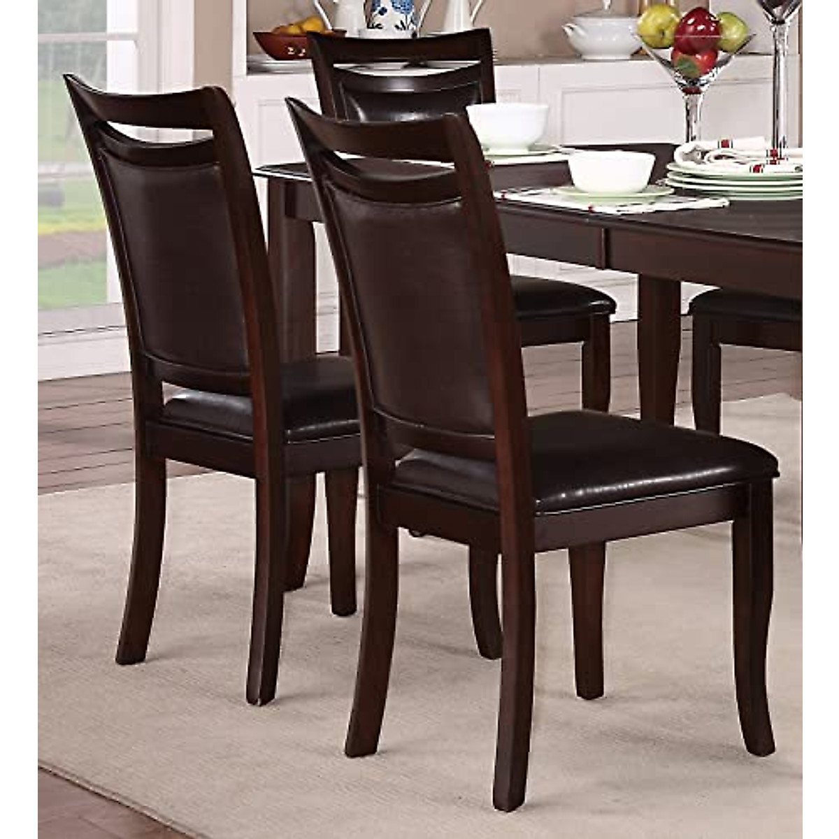 Dark Cherry Finish Side Chairs 6pc Set Brown Faux Leather Upholstered Seat Back Wooden Furniture