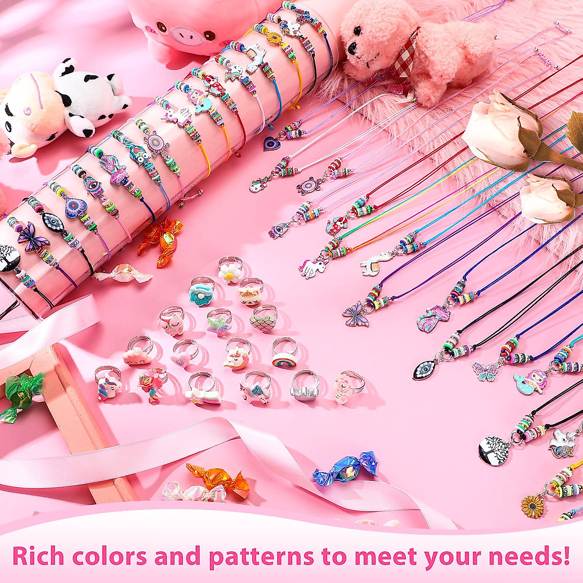 48 Pieces Girls Jewelry Set Adjustable Bracelets Necklaces and Rings Set Pretend Dress up Play Jewelry Party Favors Birthday Gifts for Little Girls Kids Toddler Child Friendship (Cute Style)