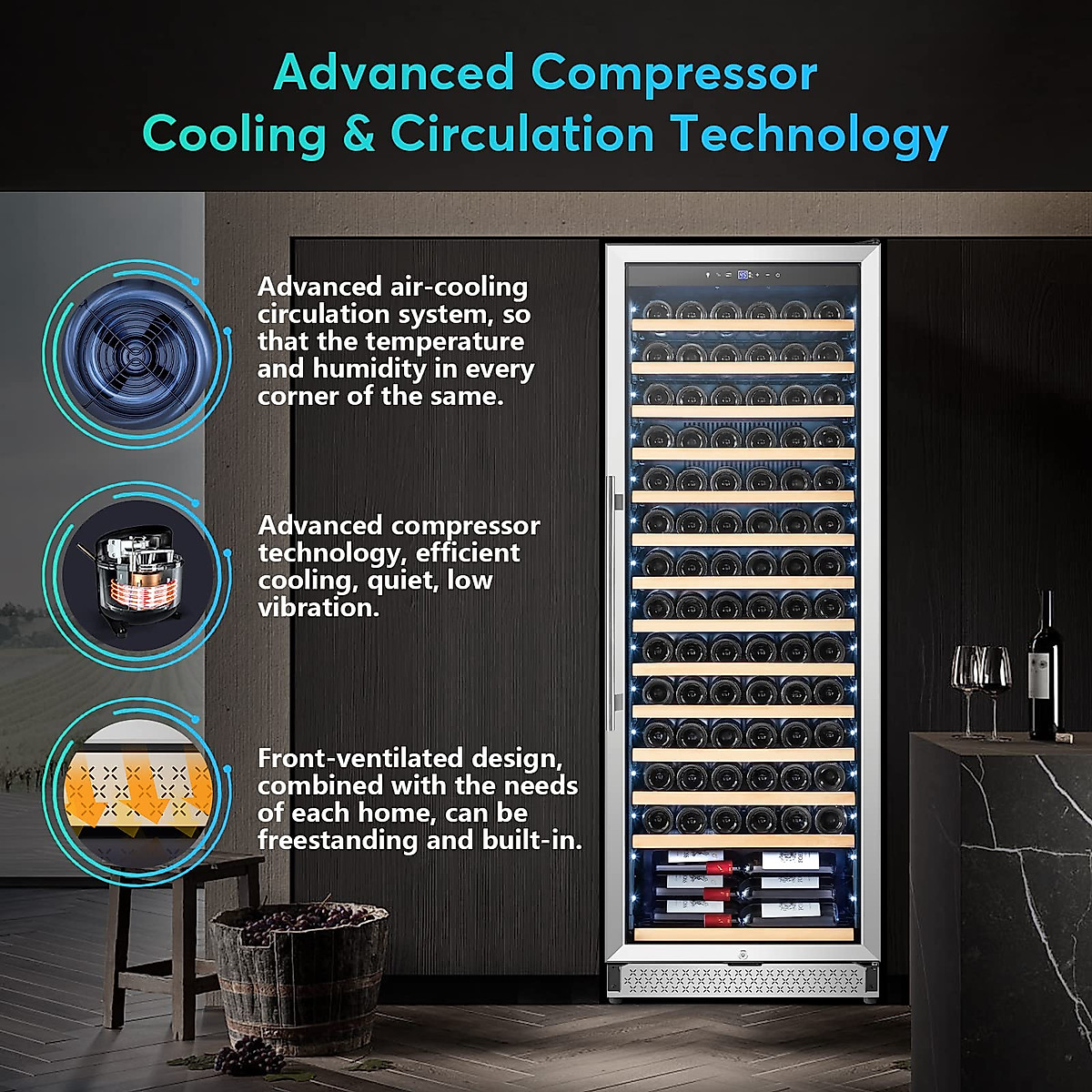 Tylza Upgraded 154 Bottles Wine Cooler Refrigerator, 24 Inch Tall Wine Fridge Built-in or Freestanding with Professional Compressor, Low Noise Fast Cooling and Intelligent Temperature Memory