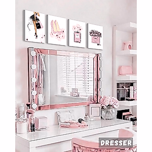 Drsoum Glam Pink Fashion Wall Decor,Woman Makeup Framed Wall Art,Hot Pink Girly Room Decor,Perfume Handbags High Heels Lipstick Wall Paintings Set of 4, 8x10 in (Framed)