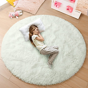 junovo Round Rug 4x4 Feet Fluffy Soft Area Rugs for Kids Girls Room Princess Castle Plush Shaggy Carpet Cute Circle Nursery Rug for Kids Girls Bedroom Baby Room Home Decor Circular Carpet, Creamy