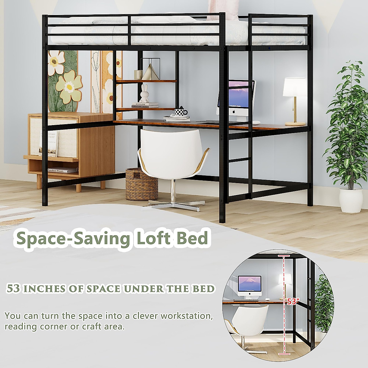 Full Size Loft Bed with Desk and Storage Shelves,Heavy-Duty Loft Bed Full for Kids,Metal Loft Bed Frame with Safety Guardrail,Space-Saving(Full,Black)